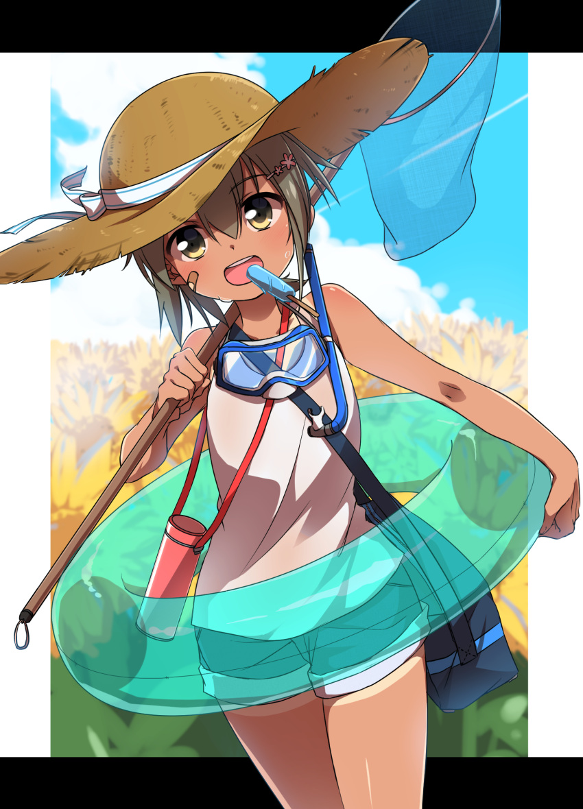 Safebooru - 1girl :d bag bandaid on cheek bangs bare arms bare shoulders blue shorts blue sky ...