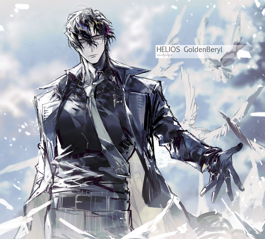 Safebooru - 1boy belt bird black belt black gloves black hair black shirt closed mouth collared ...