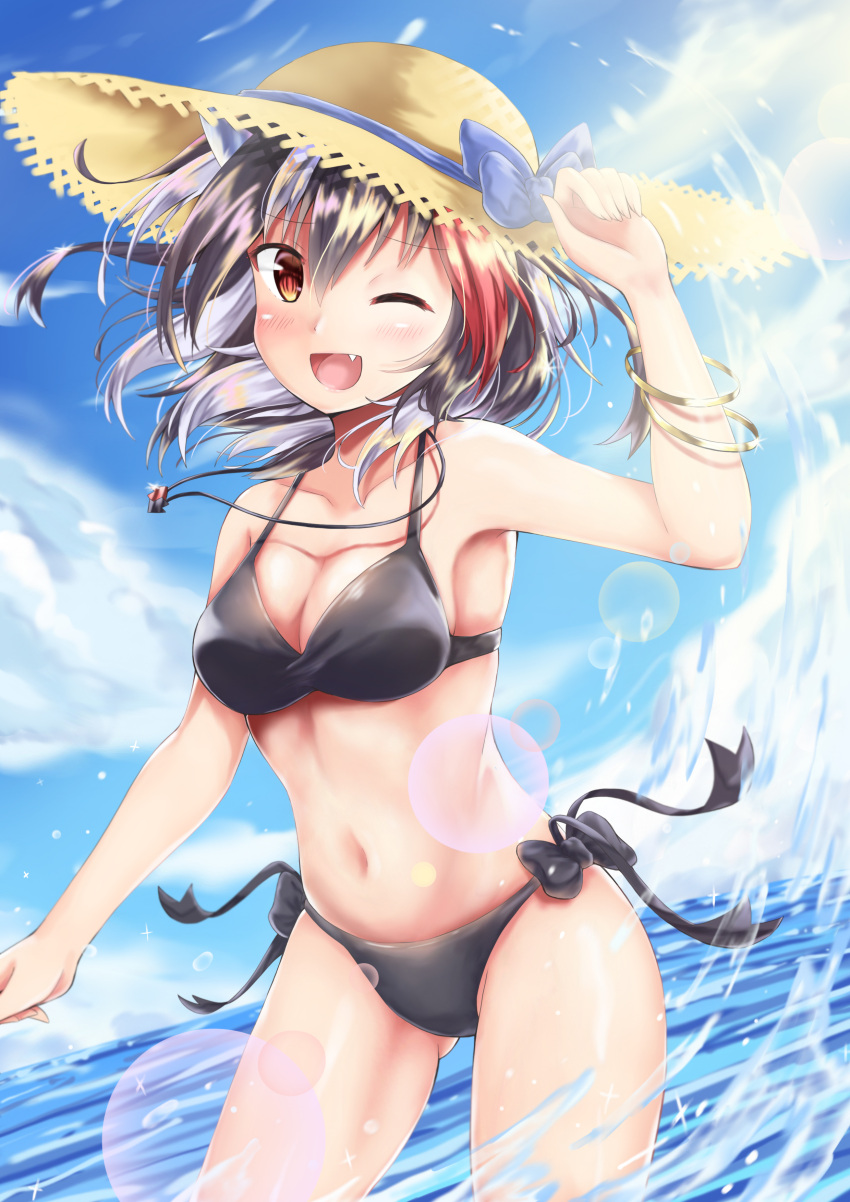Safebooru - 1girl ;d absurdres akiteru98 arm up ass visible through thighs bangle bangs bikini ...
