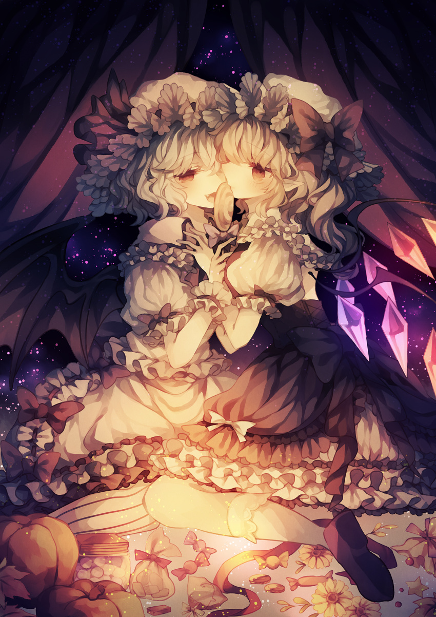 Safebooru - 2girls :3 :d back cutout bangs bat wings blonde hair blush bow candy commentary ...