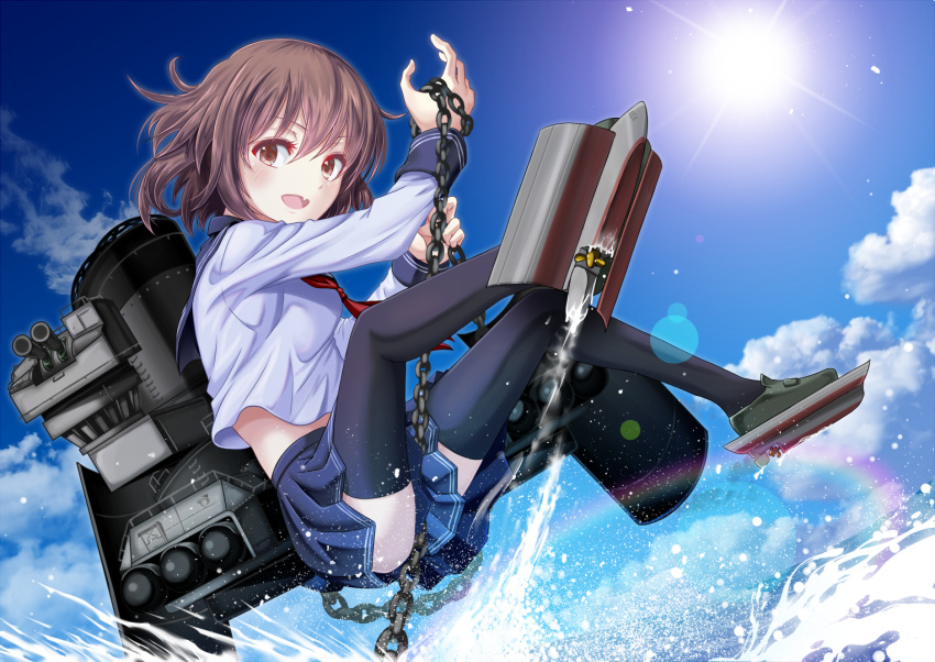 Safebooru - 1girl :d black legwear blue skirt blue sky blush brown eyes brown hair chains clouds ...