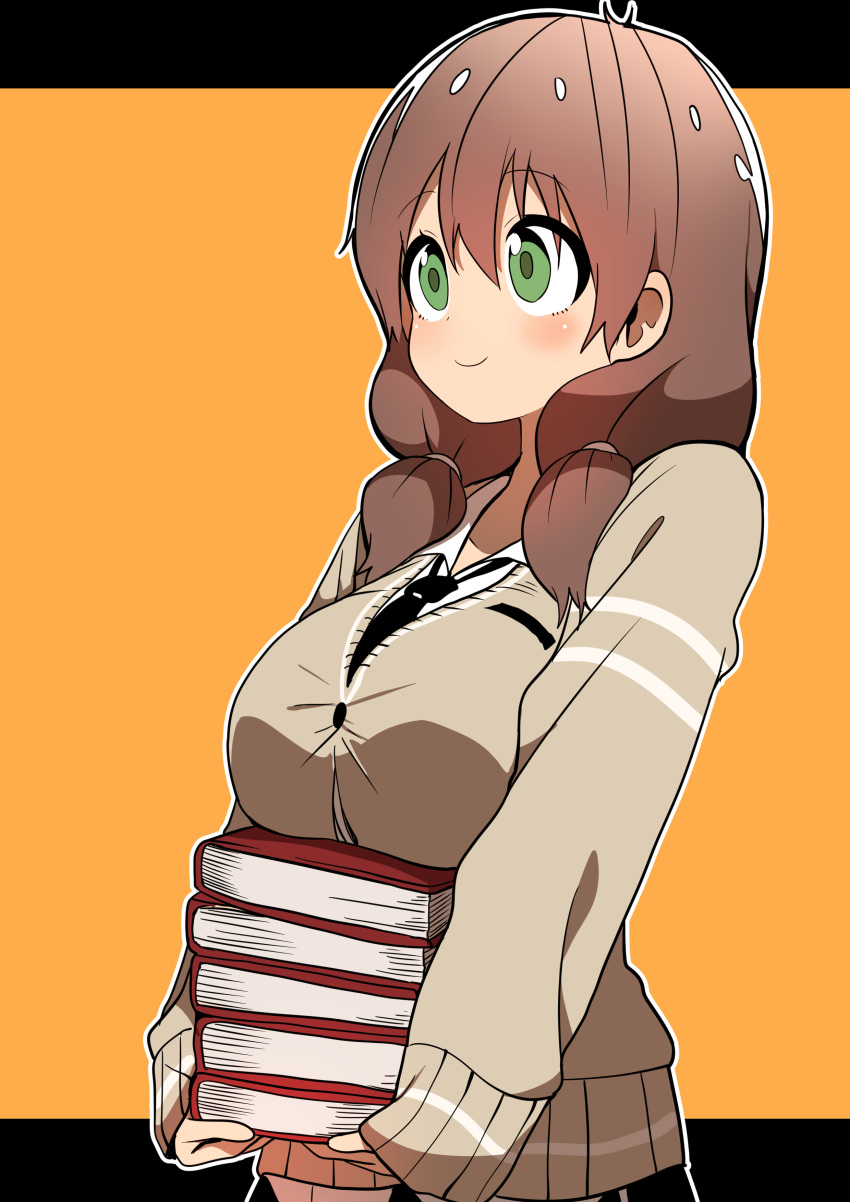 Safebooru 1girl Absurdres Blush Book Breast Lift Breasts Brown Hair Bural Chingu Cardigan