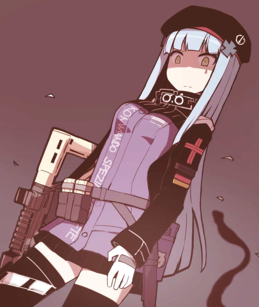 Safebooru - 1girl :| assault rifle belt beret blue hair closed mouth contrapposto dutch angle ...