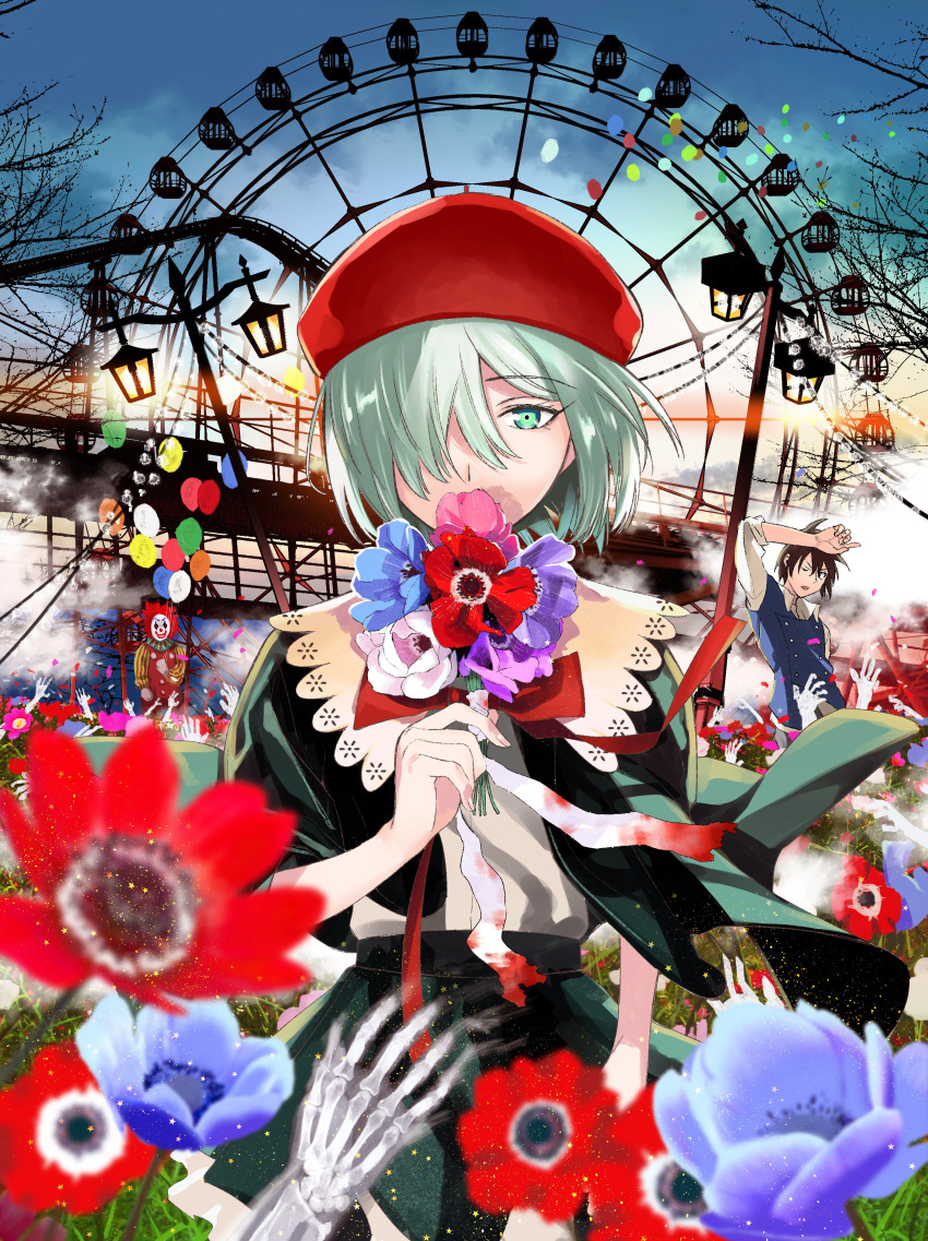 Safebooru - 1boy 1girl absurdres balloon beret blood bone bouquet clown ...