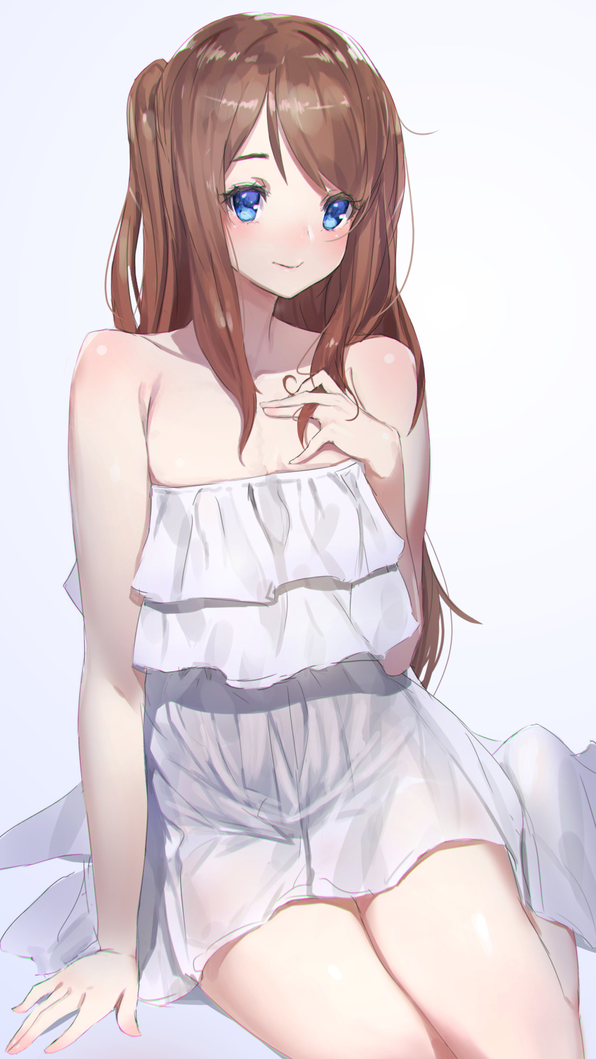 Safebooru - 1girl absurdres arm support bangs bare shoulders blue eyes blush breasts brown hair ...