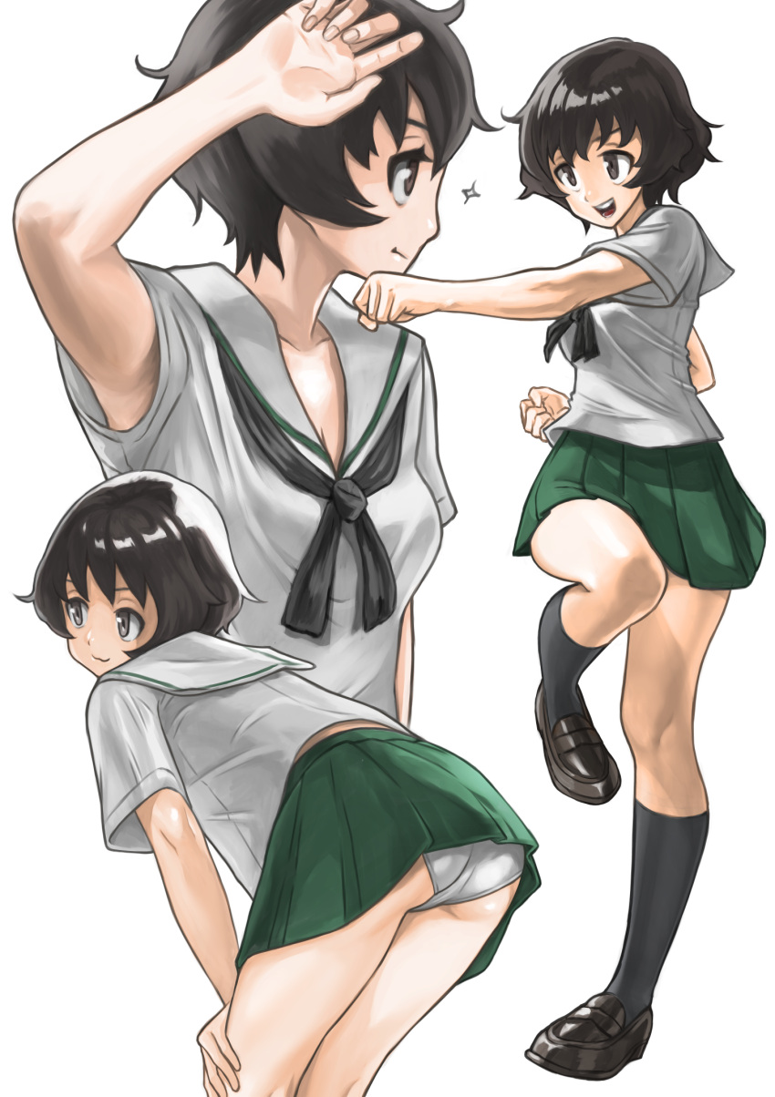 Safebooru - 1girl :3 akiyama yukari arm up ass bangs black legwear black neckwear blouse brown ...