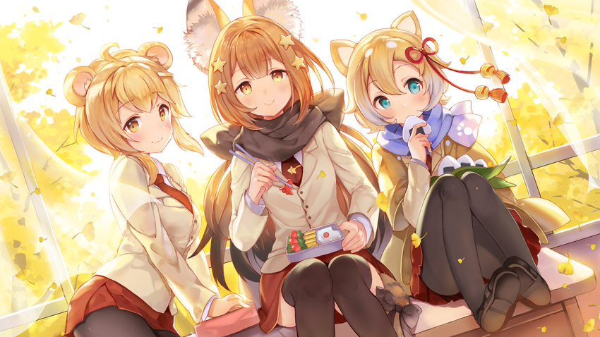 Safebooru - 3girls ahoge animal ear fluff animal ears autumn autumn leaves bangs bear ears bell ...