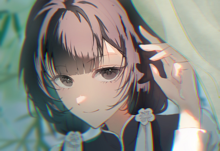 Safebooru - 1girl artist request black vest brown eyes brown hair chromatic aberration closed ...