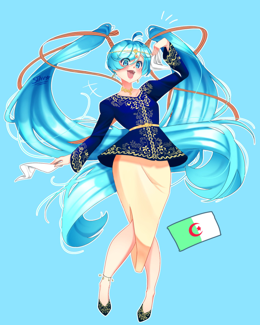 Safebooru - 1girl absurdres algeria algerian flag aqua background aqua eyes aqua hair arm up ...