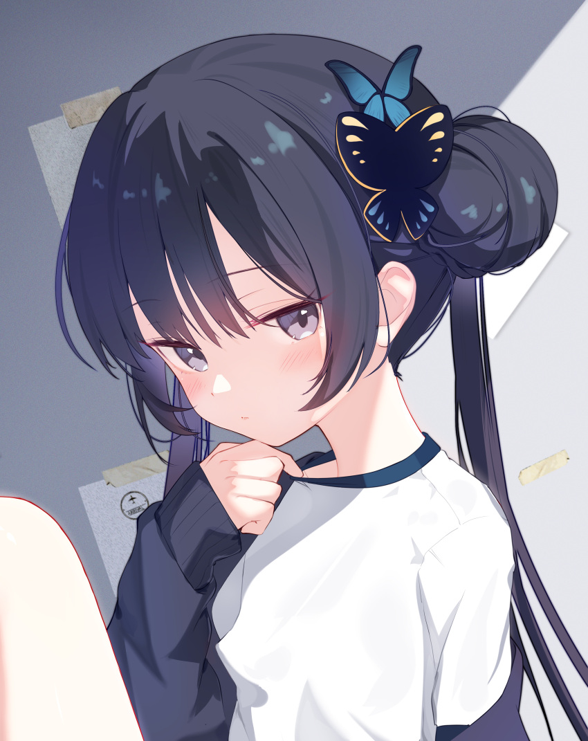 Safebooru - 1girl absurdres black hair black jacket blue archive buruma butterfly hair ornament ...
