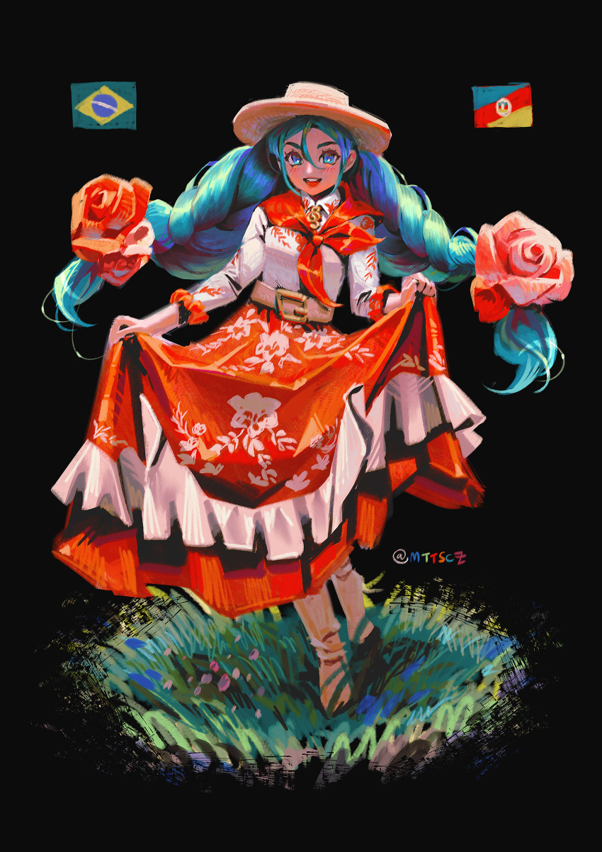 Safebooru - 1girl absurdres aqua hair braid brazilian flag floral print ...