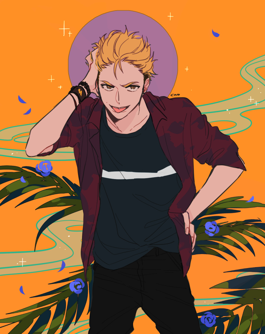 Safebooru - 1boy arm up black pants black shirt black wristband blonde ...