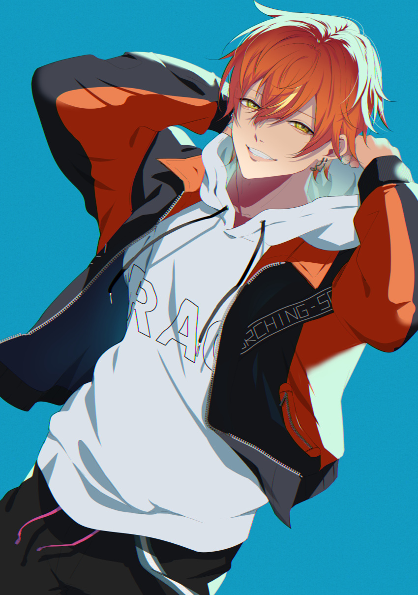 Safebooru - 1boy arms up black pants blue background commentary curled ...