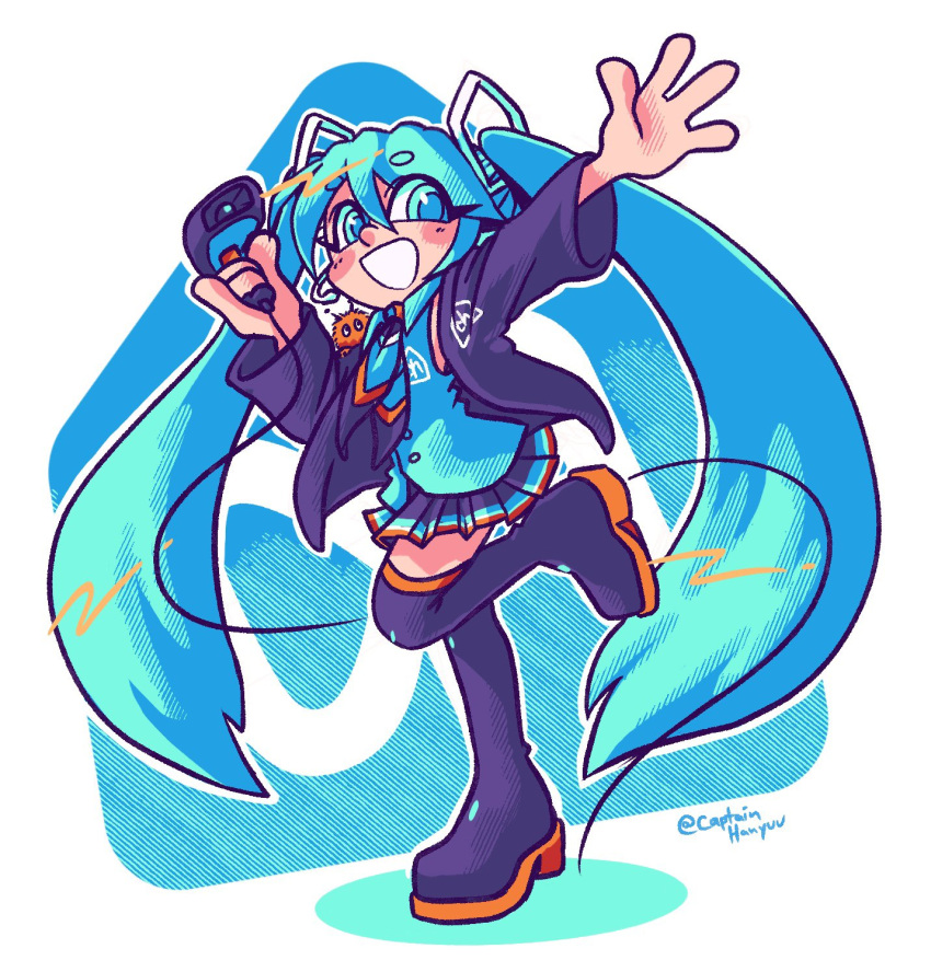 Safebooru - 1girl aqua eyes aqua hair aqua shirt artist name ascot black footwear black jacket ...