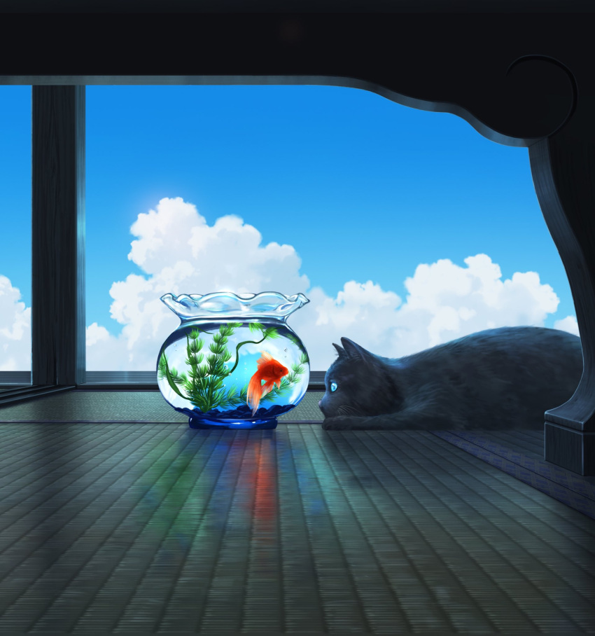 Safebooru - animal animal focus blue sky cat clouds cloudy sky commentary request day fish ...