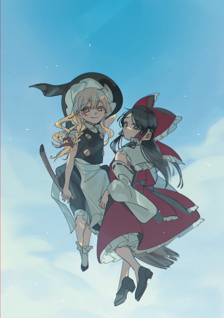 Safebooru - 2girls absurdres apron back bow black footwear black hair black hat black skirt ...