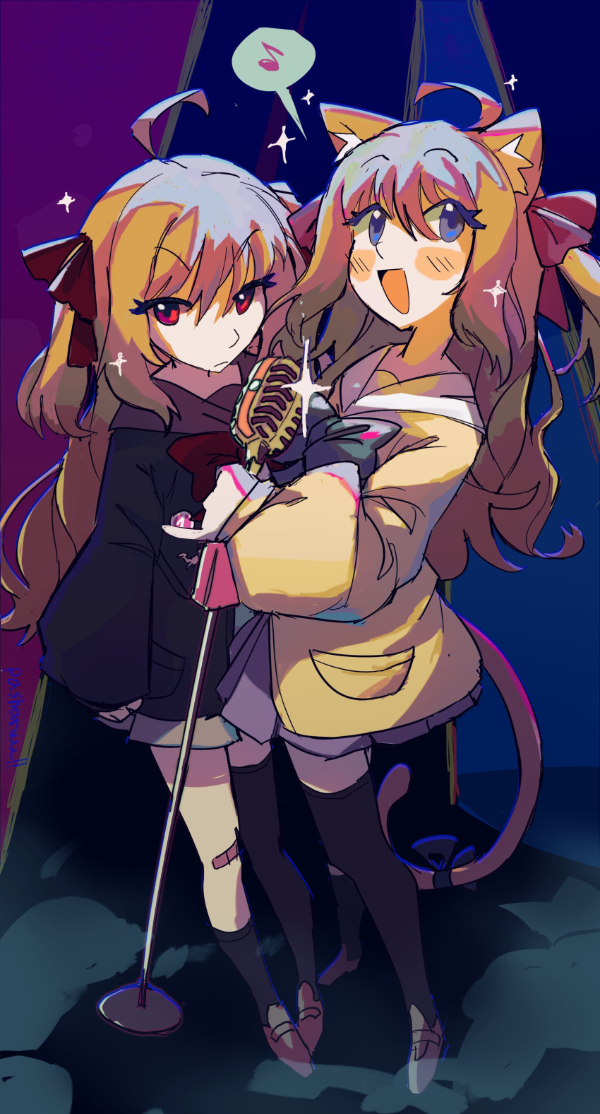 Safebooru - 2girls :d absurdres ahoge animal ears blue eyes brown hair cat ears cat tail evil ...