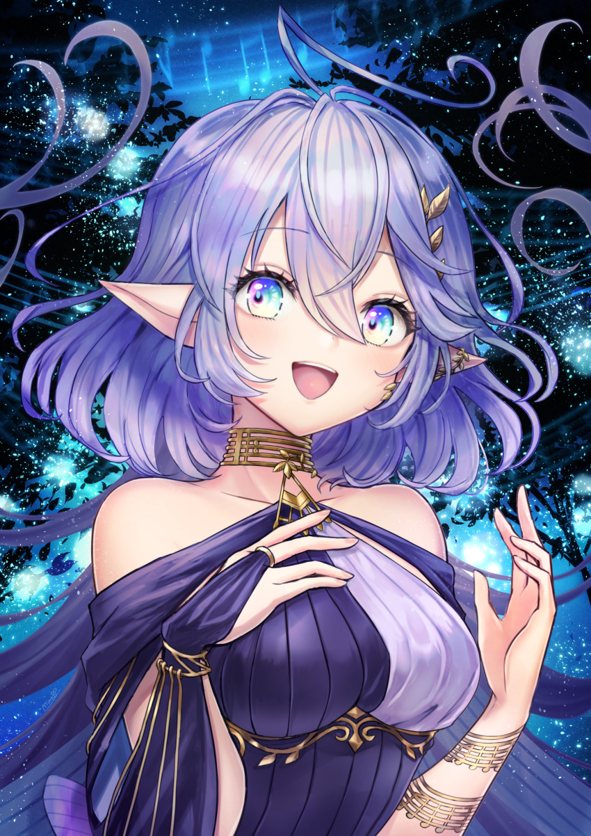 Safebooru - 1girl ahoge blue hair bridal gauntlets choker dress earrings hair ornament hand on ...