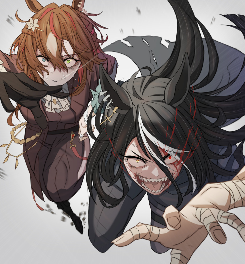 Safebooru - 2girls absurdres animal ears aqua eyes ascot bags under eyes bandaged arm bandaged ...