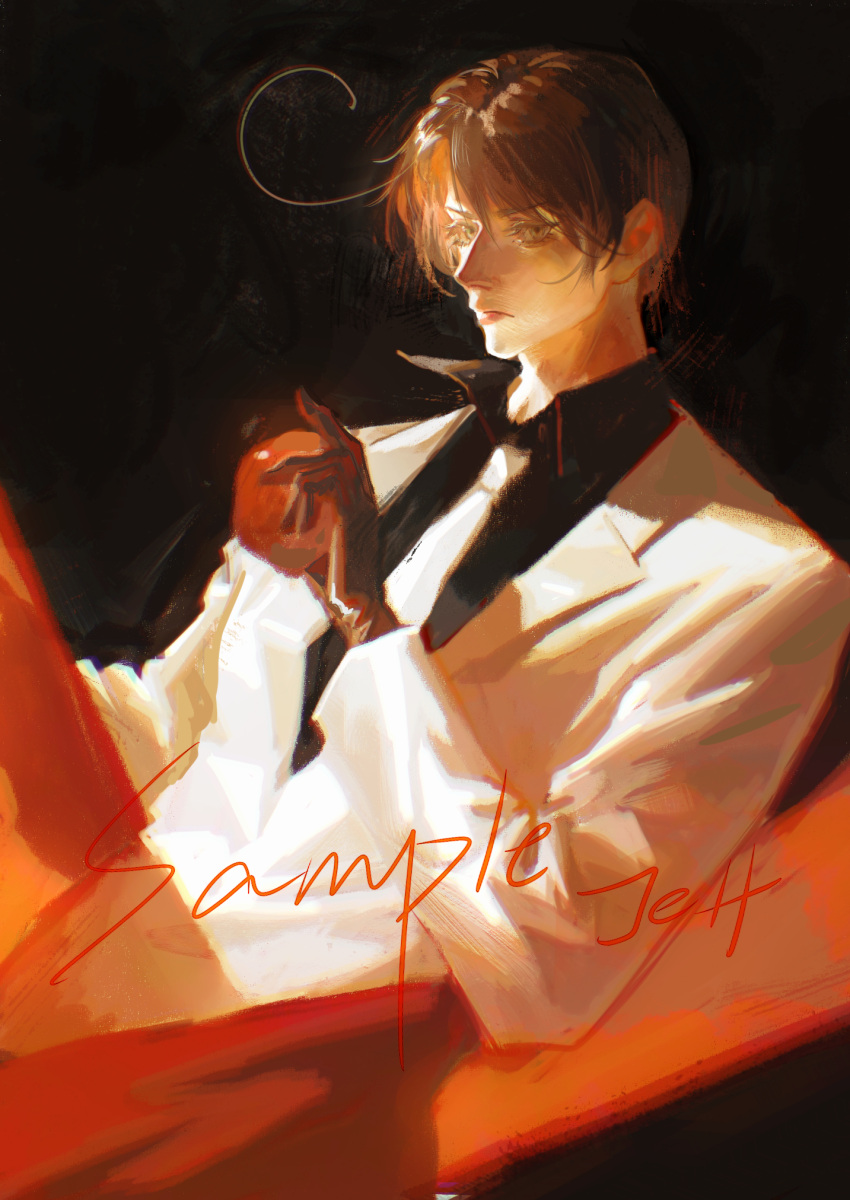 Safebooru - 1boy ahoge axis powers hetalia black background black shirt brown hair collared ...