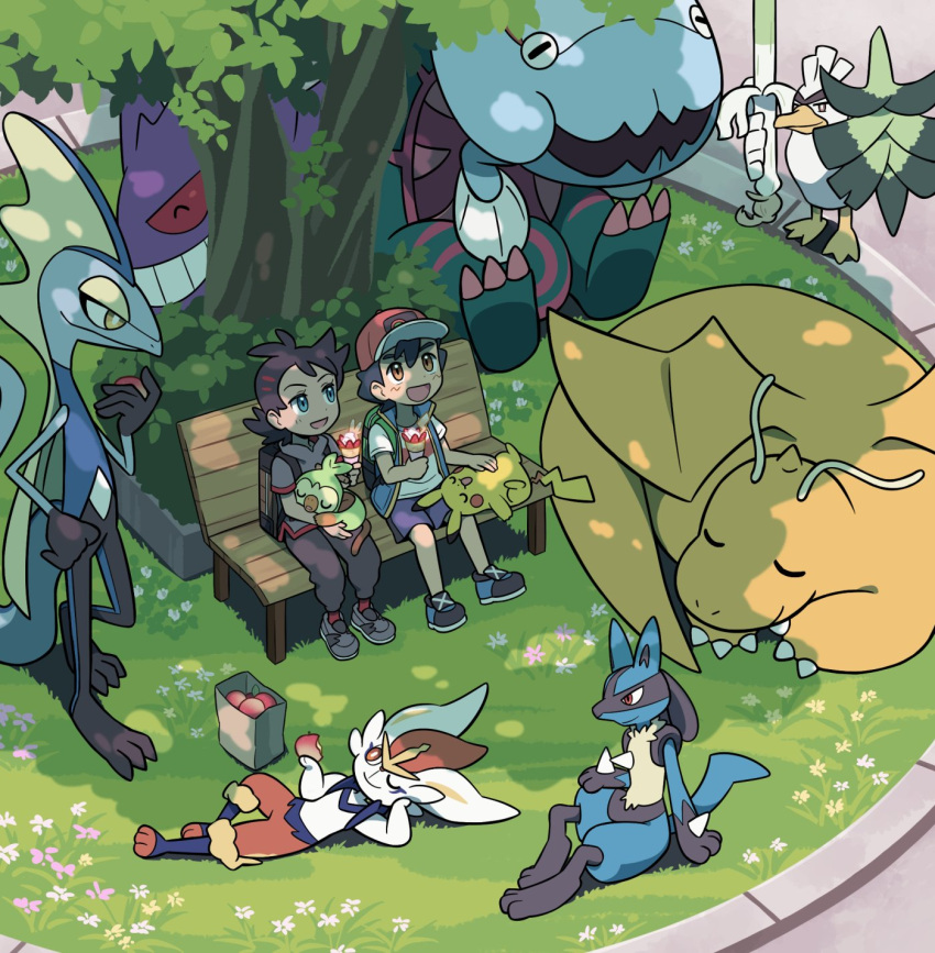 Safebooru - 2boys :d apple ash ketchum backpack bag bench blue eyes ...