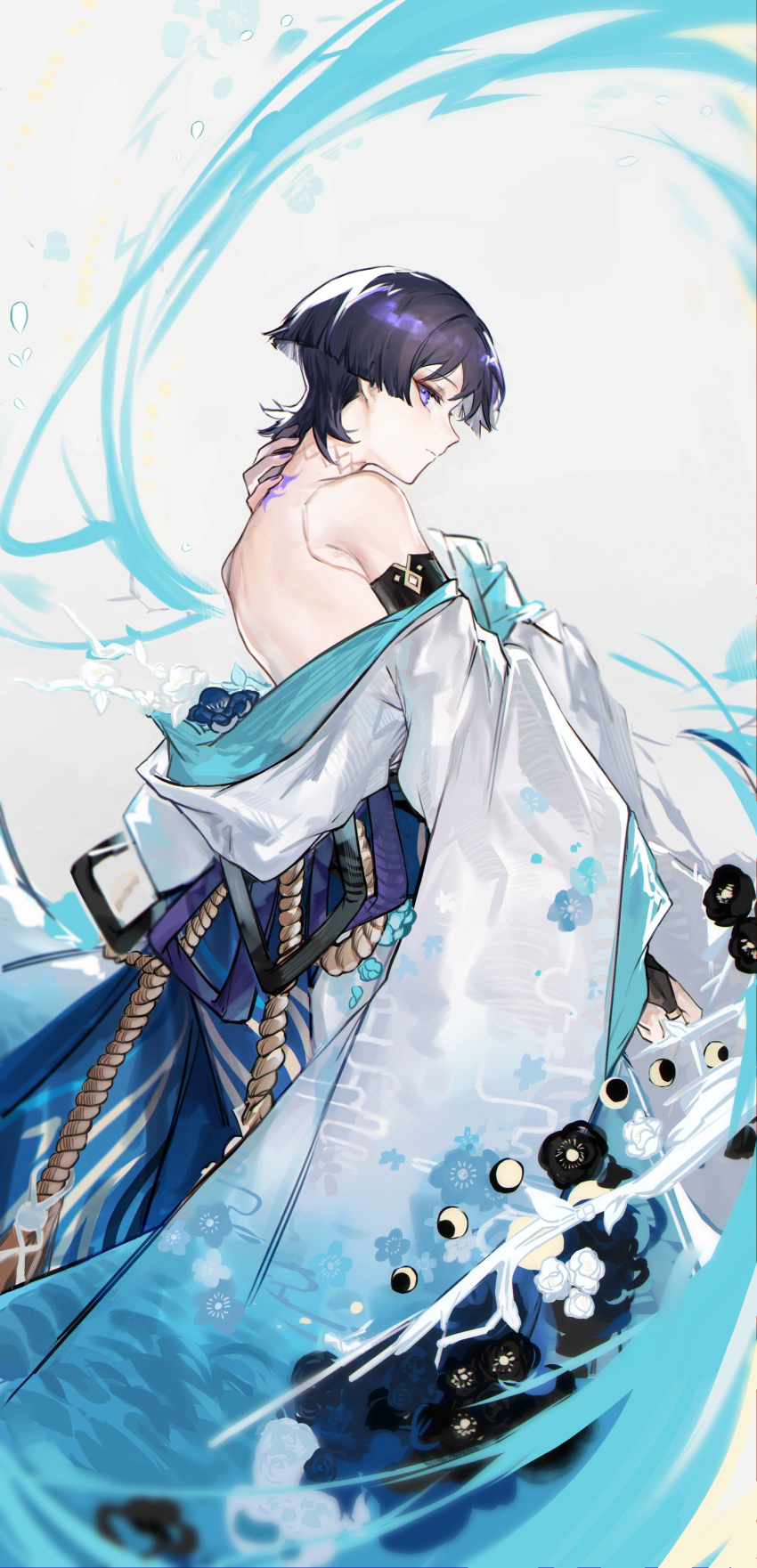 Safebooru - 1boy absurdres adapted costume aqua kimono aqua sleeves back bare shoulders ...