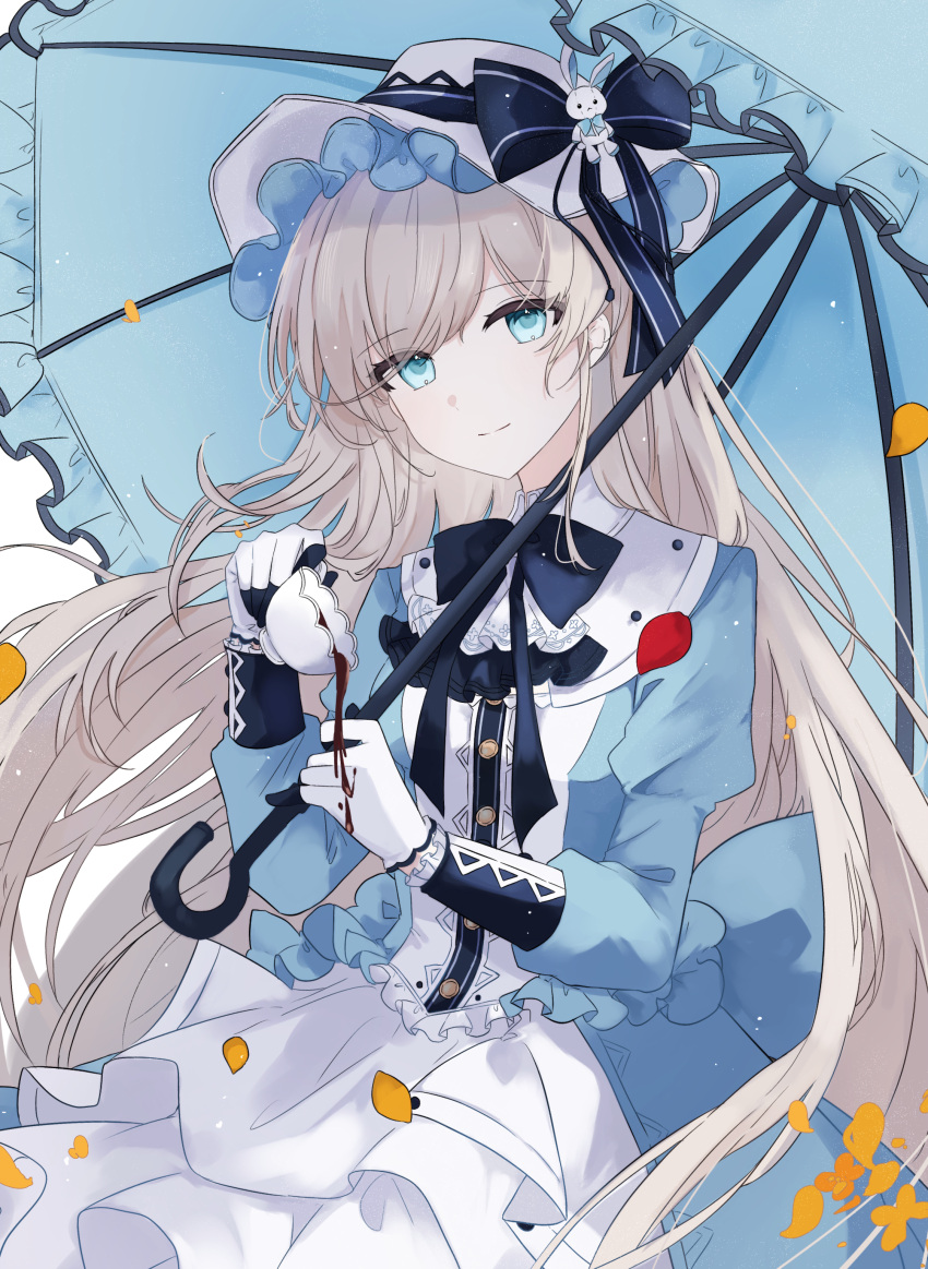Safebooru - 1girl absurdres alice (arcaea) arcaea black bow black bowtie blonde hair blue dress ...