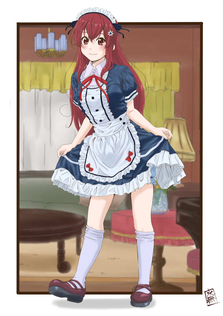 Safebooru - 1girl 22/7 absurdres alternate costume apron artist name black dress blush border ...