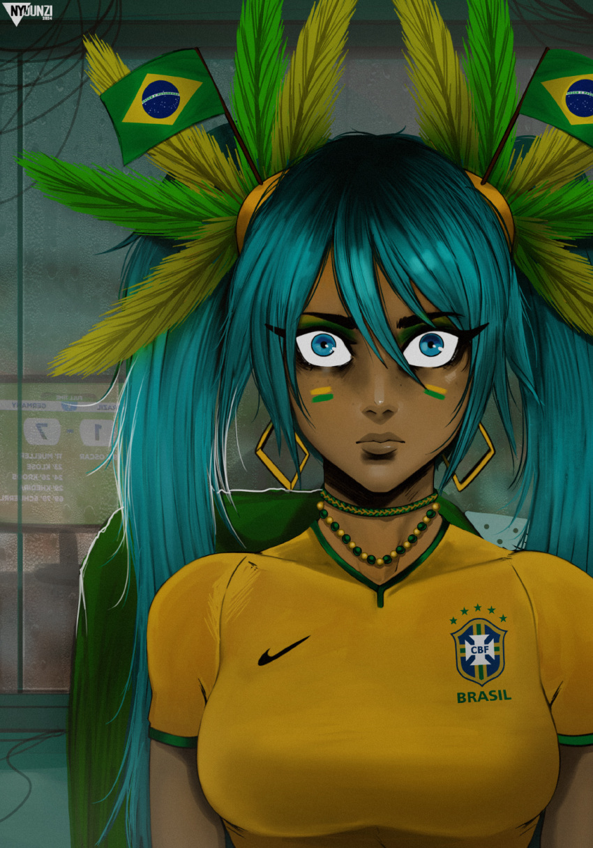 Safebooru - 1girl 2014 fifa world cup bead necklace beads blue eyes blue hair brazilian flag ...