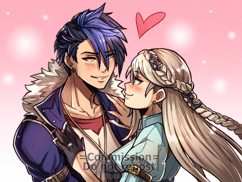 Safebooru - 1boy 1girl artist name blonde hair blue coat blue hair blush braid closed mouth coat ...