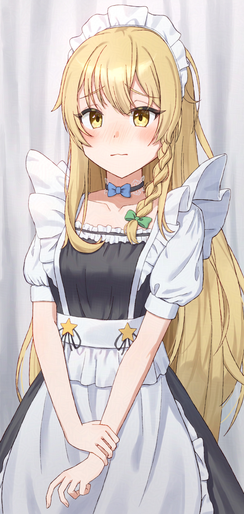 Safebooru - 1girl absurdres alternate costume apron beckody blonde hair blue bow blush bow bow ...