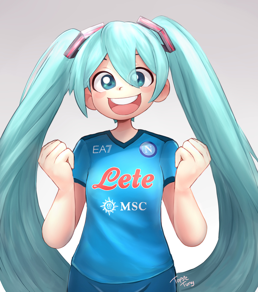 Safebooru - 1girl artist name blue eyes blue hair blue shirt grey ...