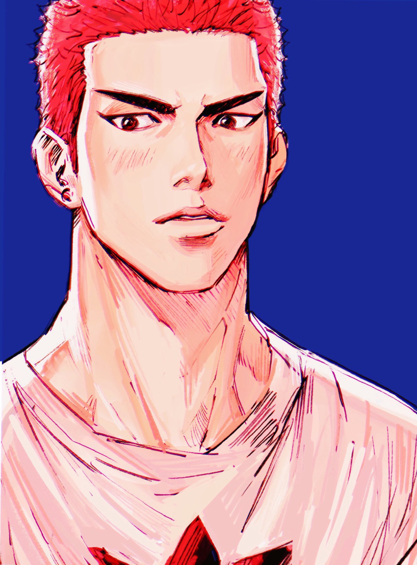 Safebooru - 1boy blue background blush commentary crew neck ear ...