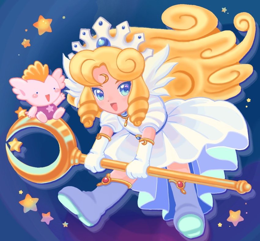 Safebooru - 1girl blonde hair blue background blue eyes crescent ...