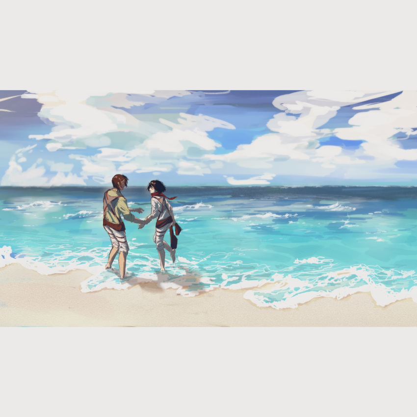 Safebooru - 1boy 1girl barefoot beach black hair border brown hair eren ...