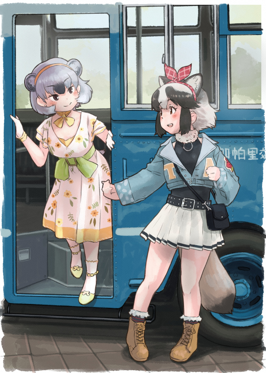 Safebooru - 2girls absurdres animal ears bag belt black hair boots bus choker dress extra ears ...