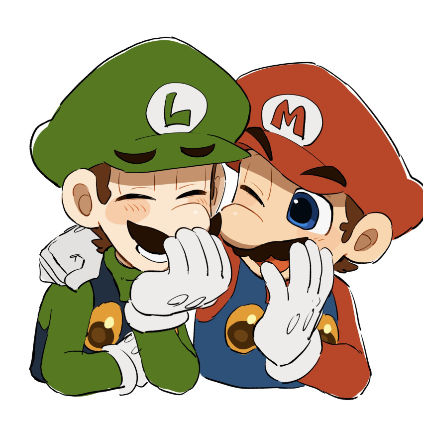 Safebooru 2boys Blue Eyes Blue Overalls Brown Hair Facial Hair Gloves 3810