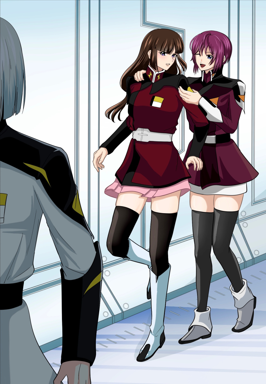 Safebooru - 2girls ahoge blue eyes blush breasts brown hair compass ...