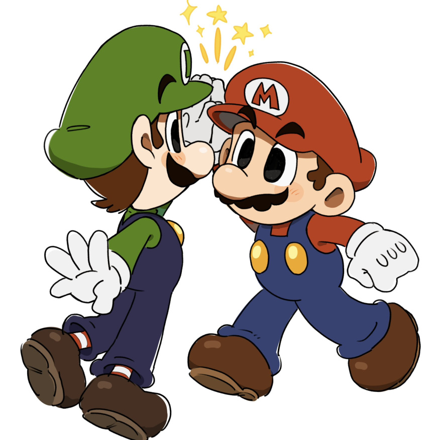 Safebooru - 2boys blue eyes blue overalls brown hair facial hair gloves green shirt hat high ...