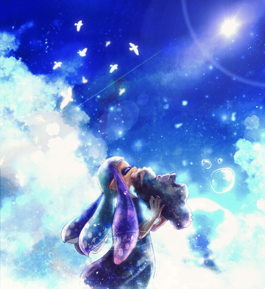 Safebooru - 1girl aqua hair bird black dress blue hair blue sky closed ...