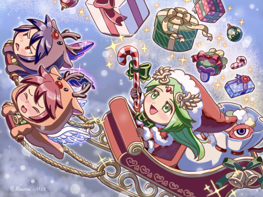 Safebooru - 1girl 2boys angel wings animal costume antlers bell box brown hair candy candy cane ...