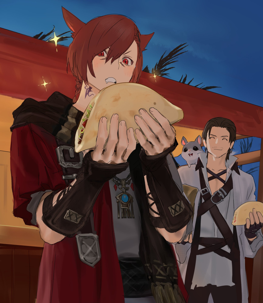 Safebooru - 2boys ^ ^ adventurer (ff14) animal ears animal on shoulder ...