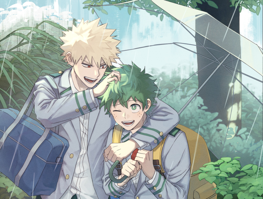 Safebooru - 2boys arm around shoulder arms up backpack bag bakugou ...