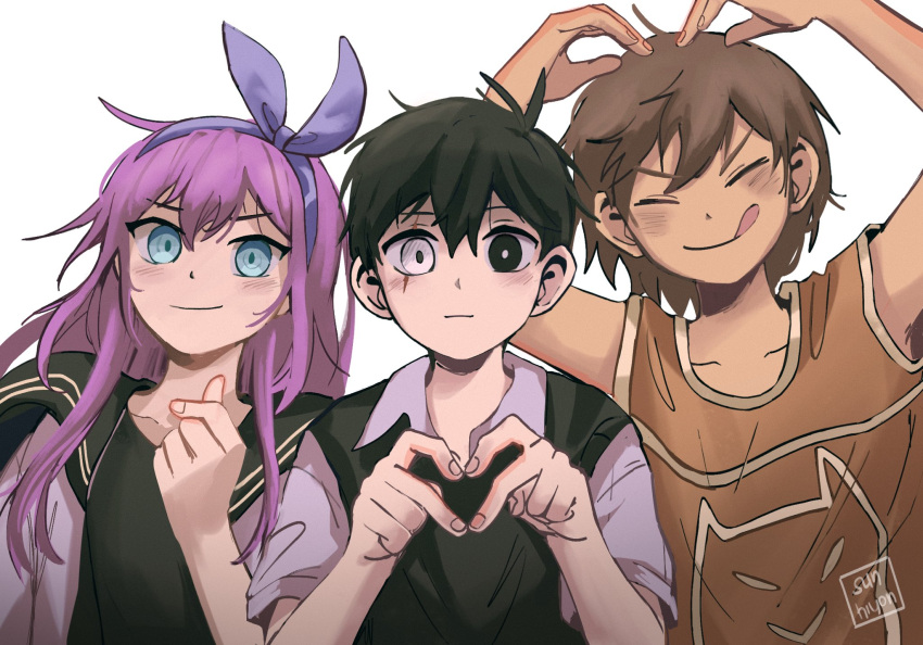 Safebooru - 1girl 2boys :q ^ ^ antenna hair arms up artist name aubrey (faraway) (omori) aubrey ...