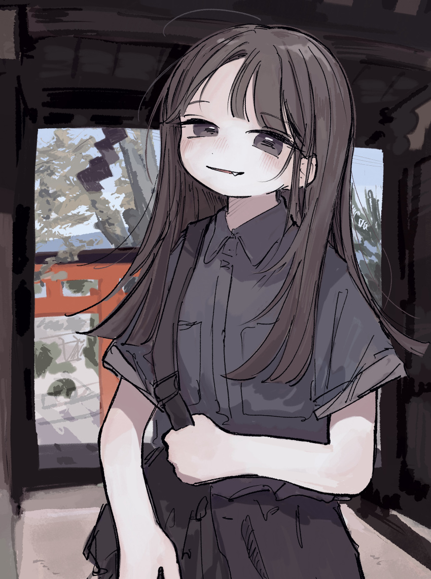 Safebooru - 1girl absurdres bag black bag black eyes black hair black shirt blush brown hair ...
