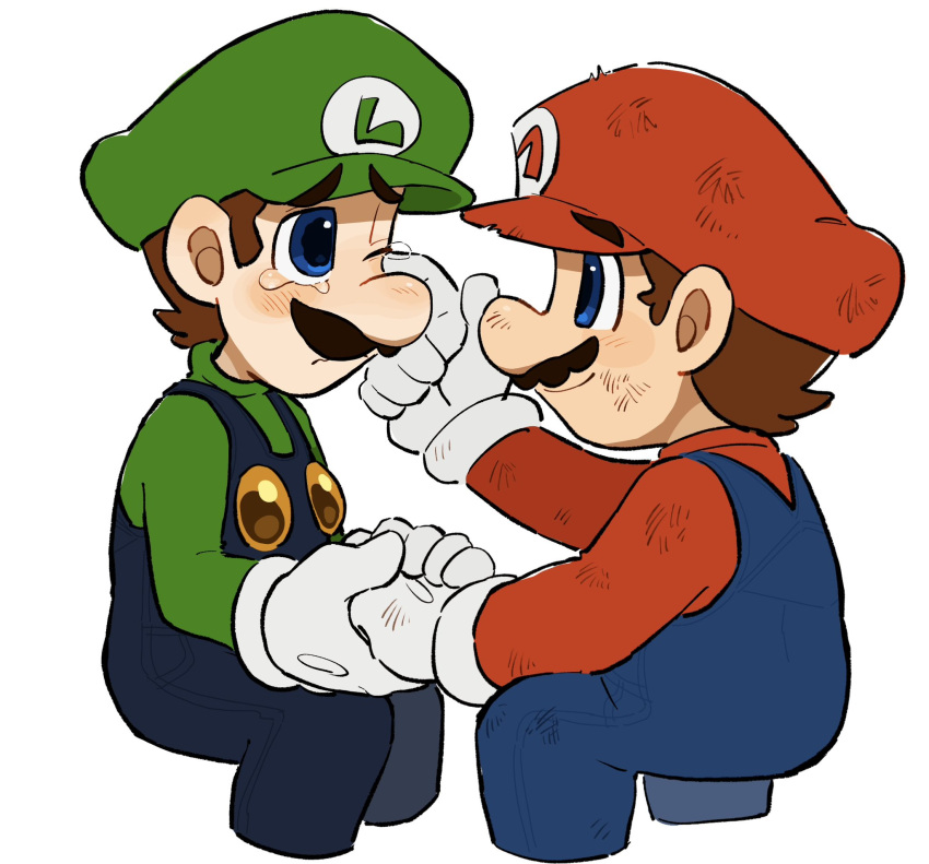 Safebooru 2boys Blue Eyes Blue Overalls Brown Hair Facial Hair Gloves 9090