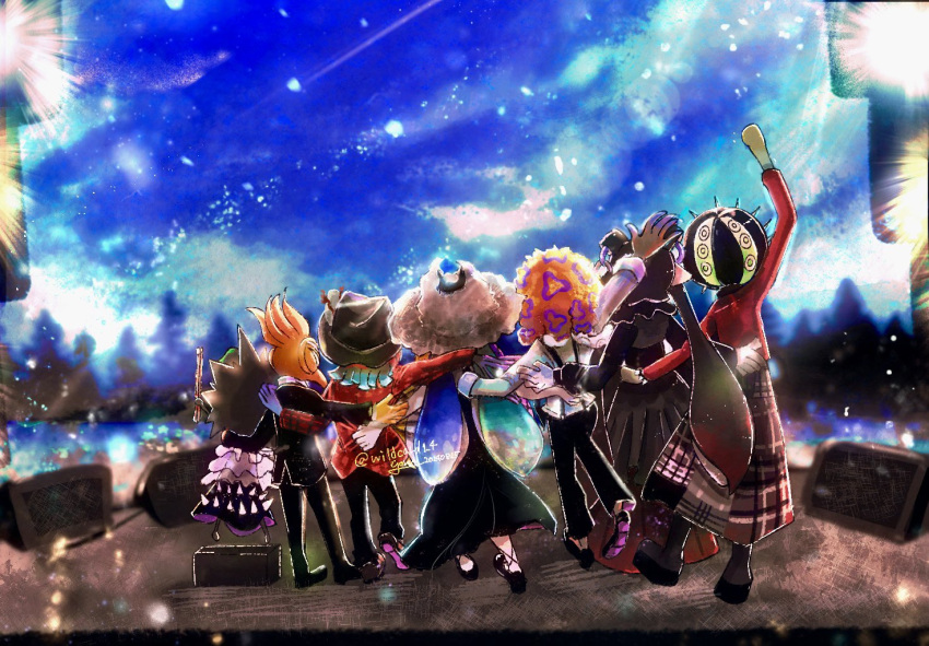 Safebooru - 1boy 6+girls aachin (splatoon) aqua hair black dress black ...