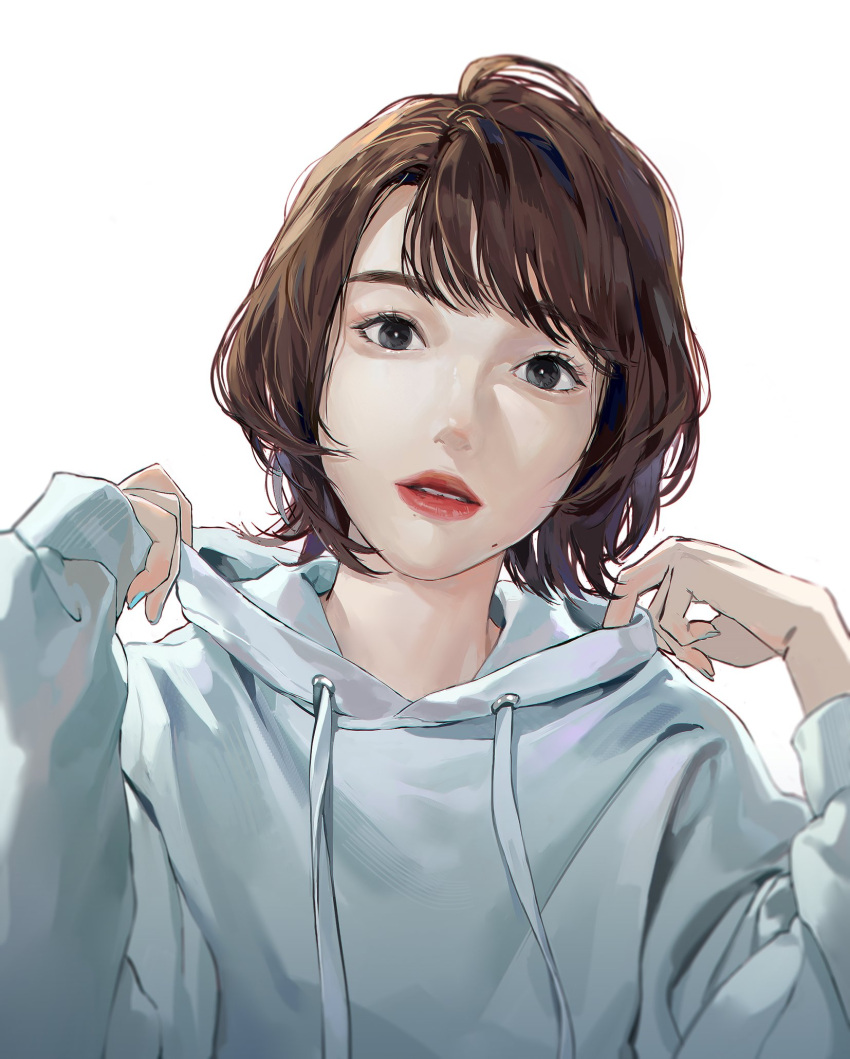 Safebooru 1girl Black Eyes Blue Hoodie Blue Nails Brown Hair 4080