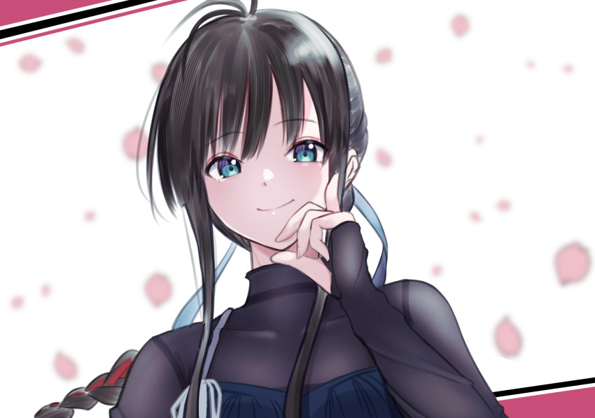 Safebooru - 1girl 22/7 antenna hair black dress black hair braid braided ponytail closed mouth ...