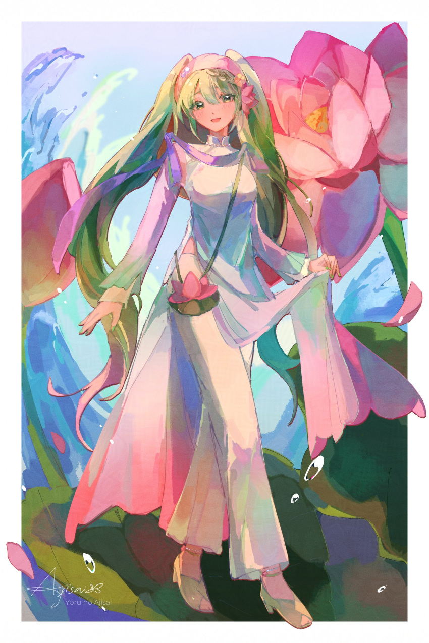 Safebooru - 1girl absurdres artist name bag border bubble flower full body gradient hair green ...